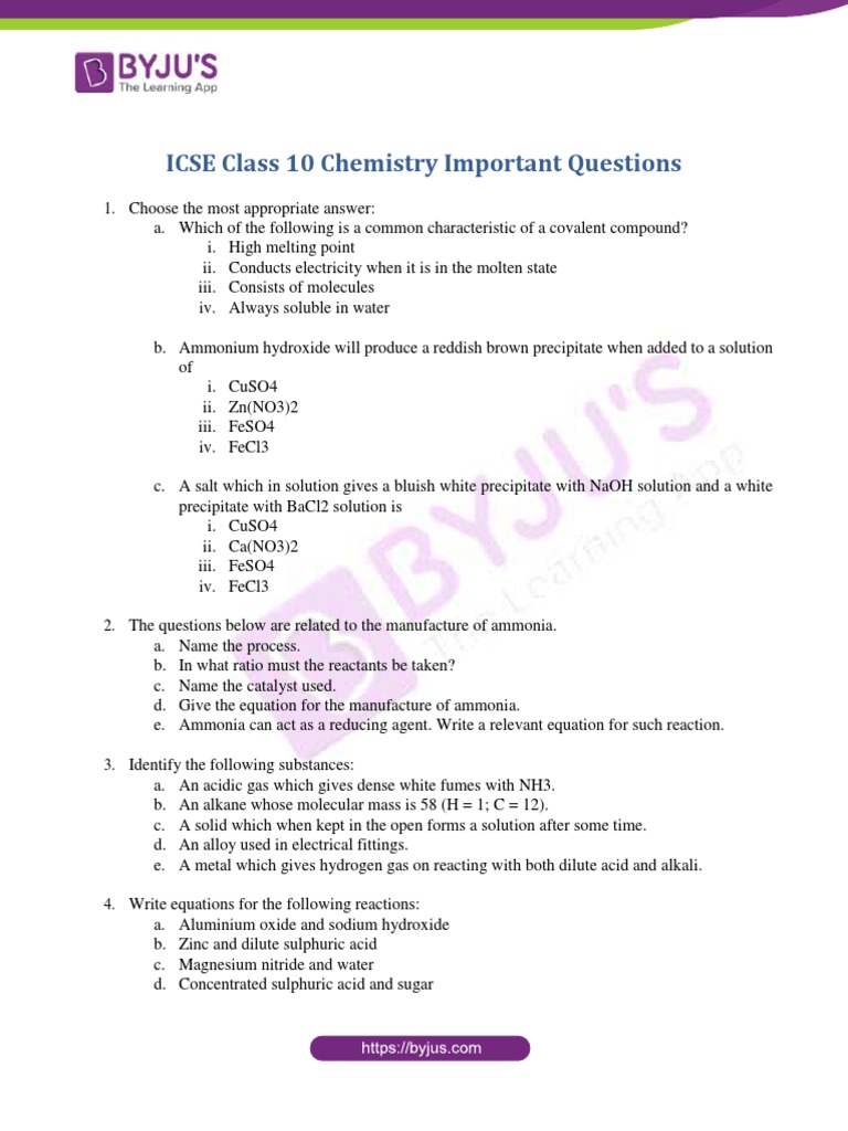 ICSE Class 10 Chemistry Important Questions | PDF | Hydroxide | Chlorine