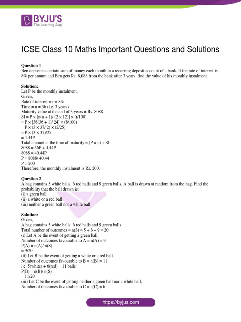 ICSE Class 10 Maths Important Questions and Solutions | PDF | Sheet ...