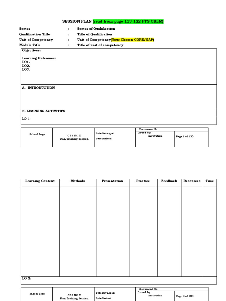 SESSION PLAN (Read From Page 113-122 PTS CBLM) | PDF