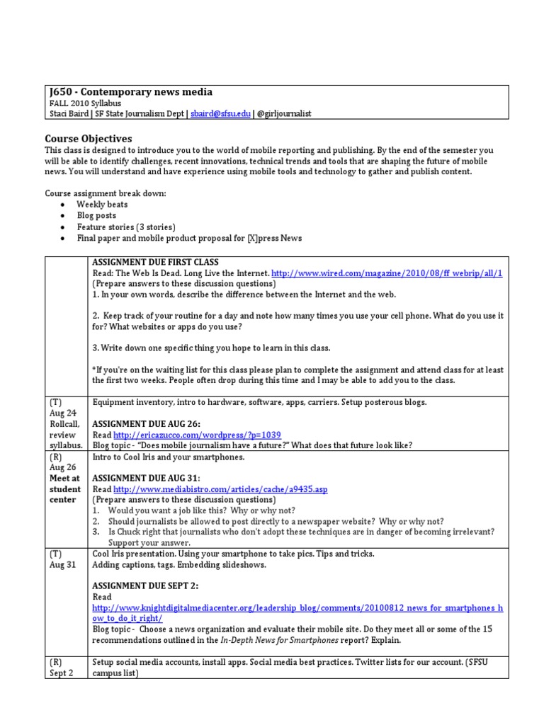 Contemporary News Media (Mobile Journalism) Class Syllabus | PDF | Mass ...