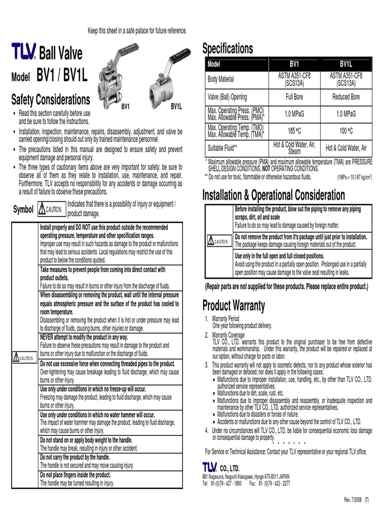 Ball Valve Bv1 / Bv1L: Specifications | PDF | Valve | Pressure