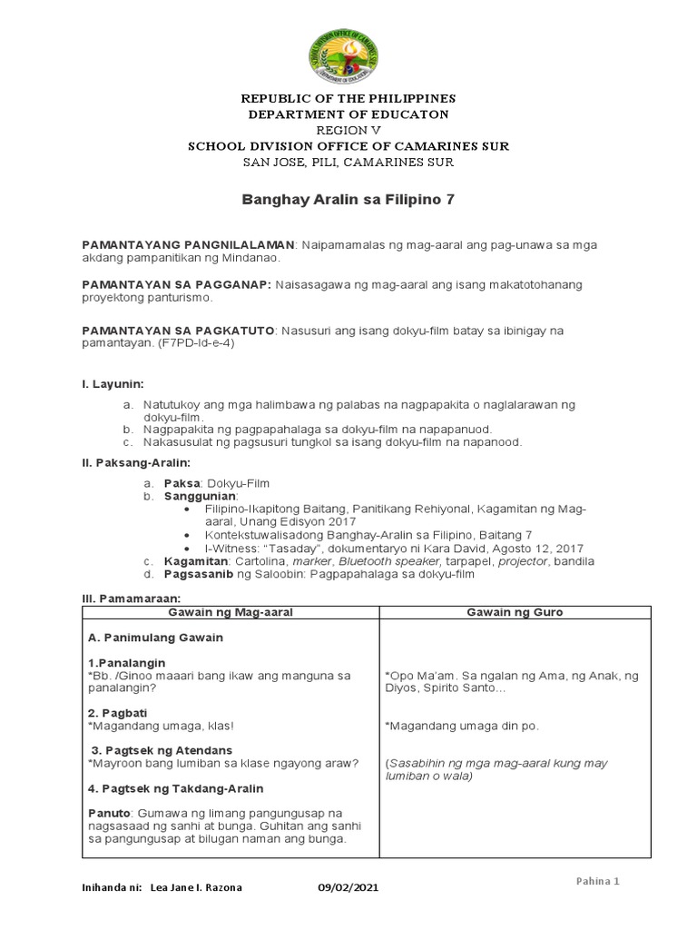Lesson Plan Sa Filipino Grade 7 (Dokyu - Film) | PDF