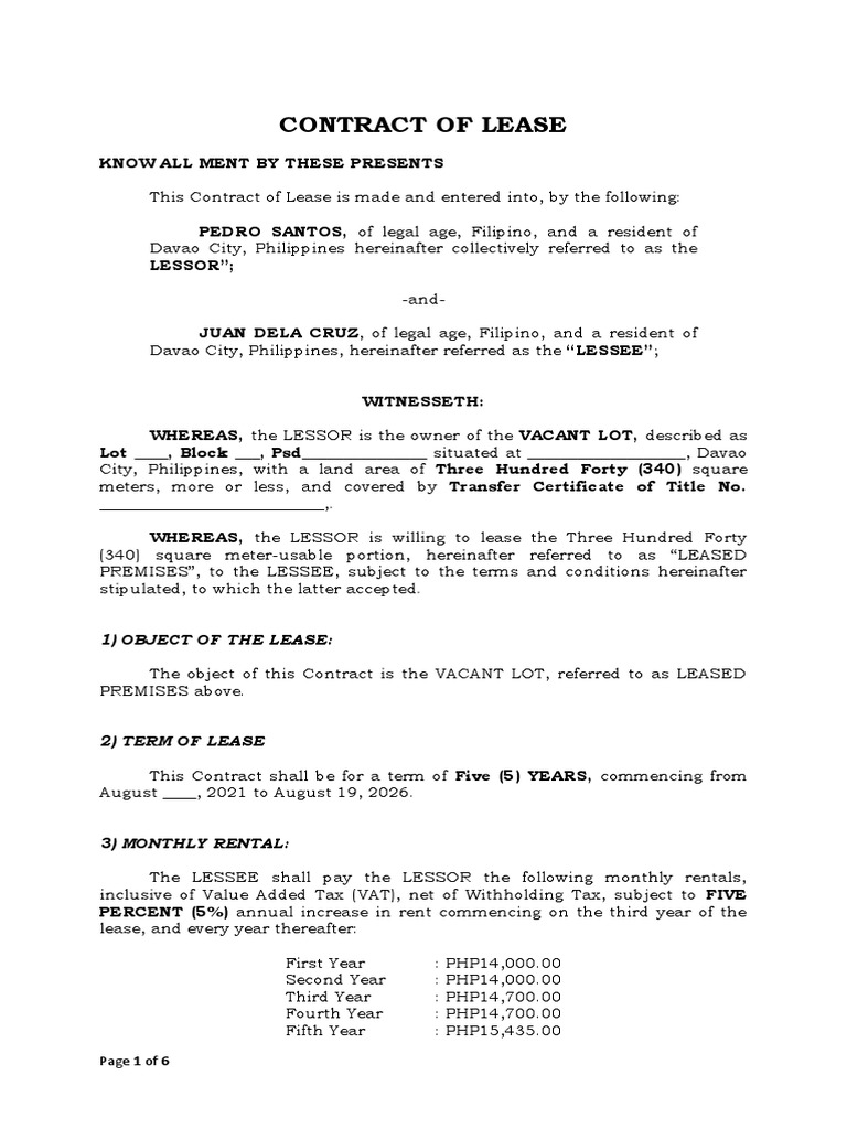 CONTRACT OF LEASE - Sample | PDF | Lease | Government