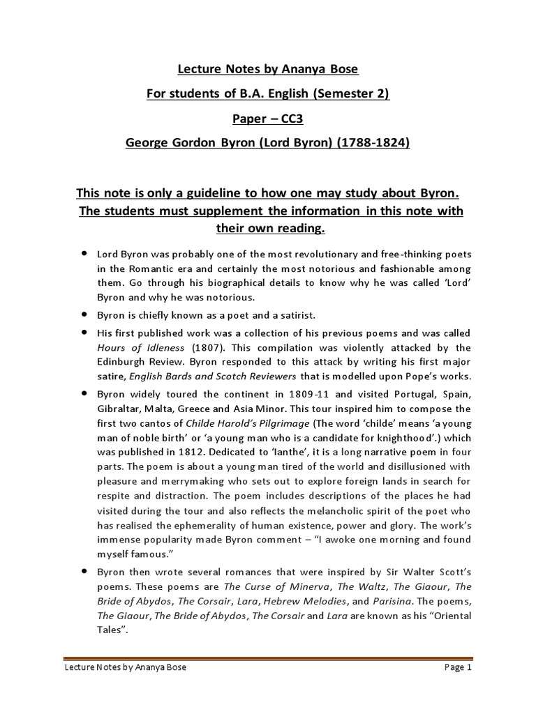 Lecture Notes by Ananya Bose - Lord Byron | PDF | Lord Byron