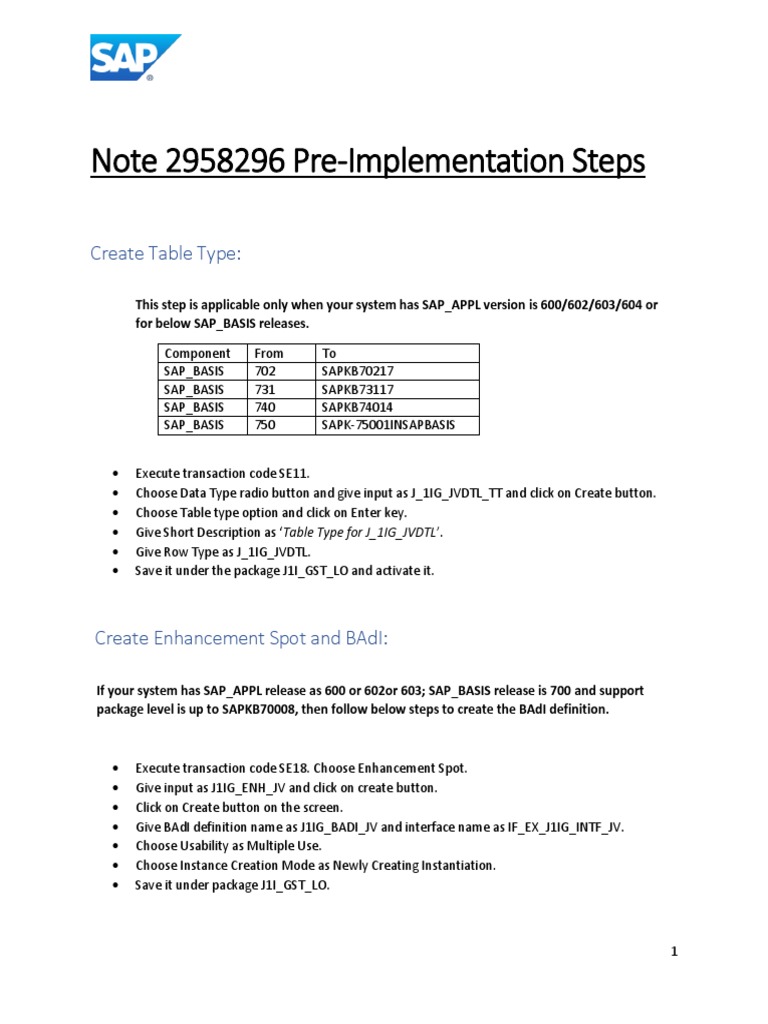Note 2958296 Pre-Implementation Steps: Create Table Type | PDF | Parameter (Computer Programming ...