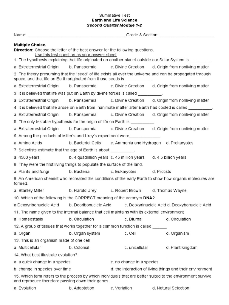 Grade 11 Earth Science 2nd Quarter Test | PDF | Cell (Biology) | Life