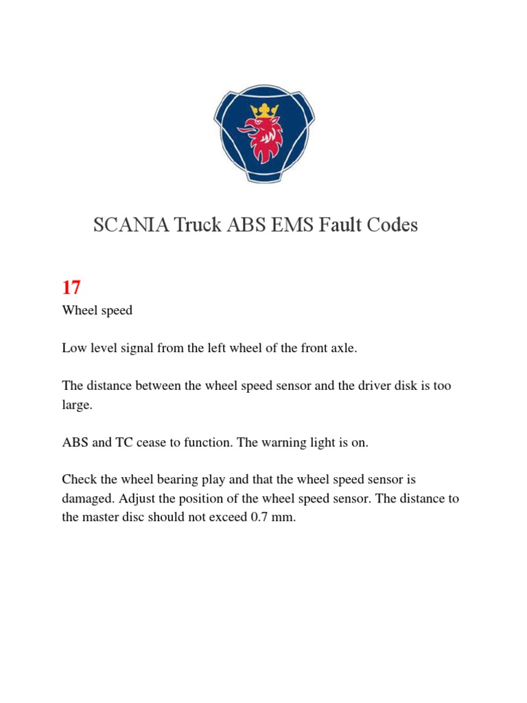 Scania ABS and EMS Fault Codes Guide | PDF | Anti Lock Braking System ...