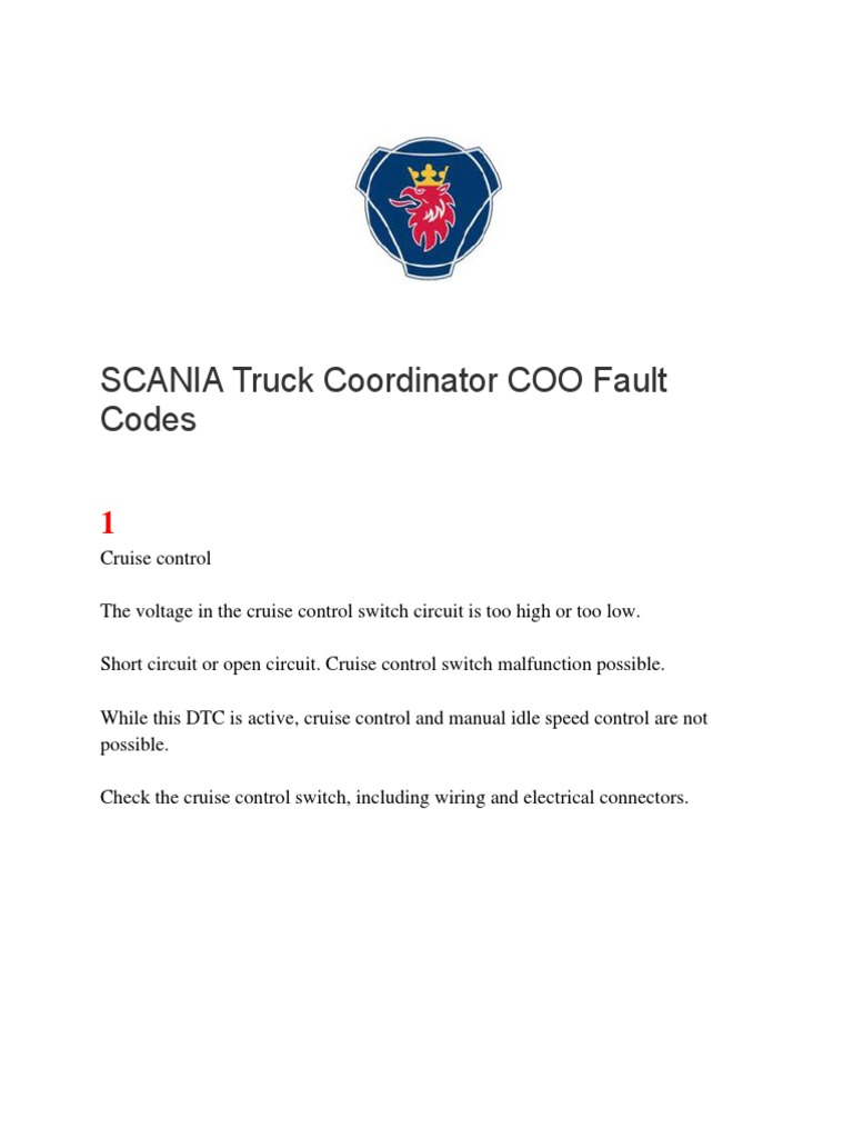 SCANIA Truck Coordinator COO Fault Codes | PDF | Power Supply | Switch