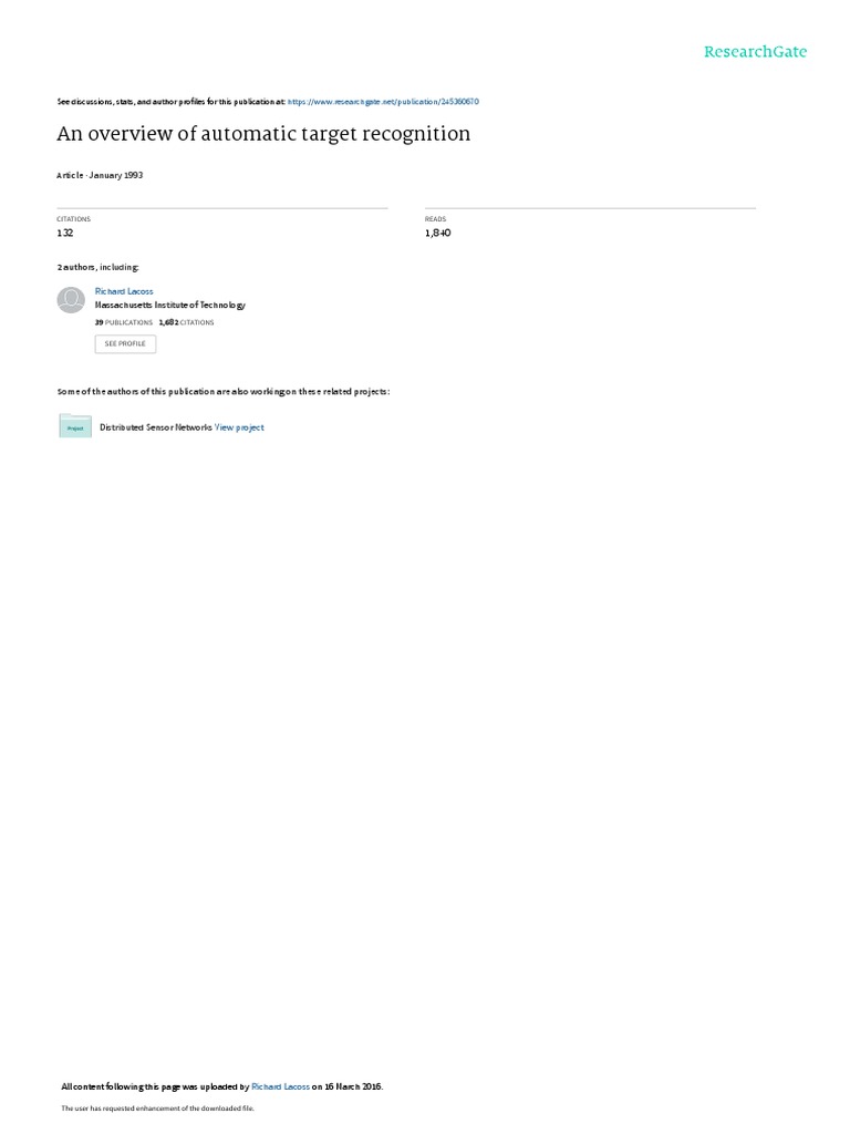 An Overview of Automatic Target Recognition: January 1993 | PDF ...