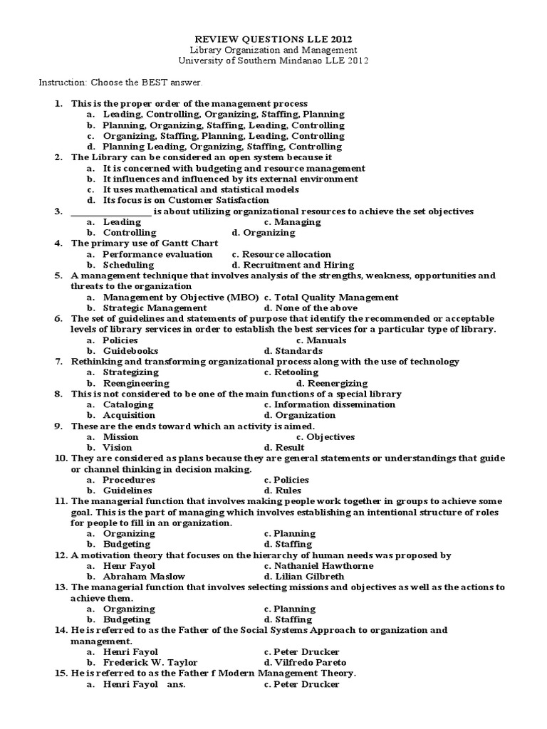 REVIEW QUESTIONS Library Organization and Management | PDF ...