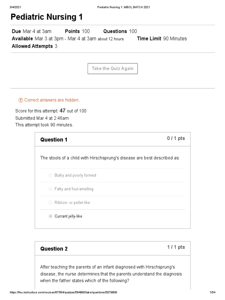 Pediatric Nursing 1: Points 100 Questions 100 Time Limit 90 Minutes ...