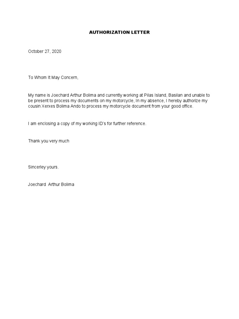 Authorization Letter For My Motorcycle | PDF