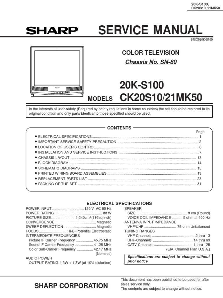Service Manual: 20K-S100 CK20S10/21MK50 | PDF | Vacuum Tube | High Voltage