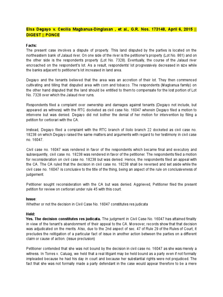 Elsa Degayo v. Cecilia Magbanua-Dinglasan CASE DIGEST | PDF | Res ...