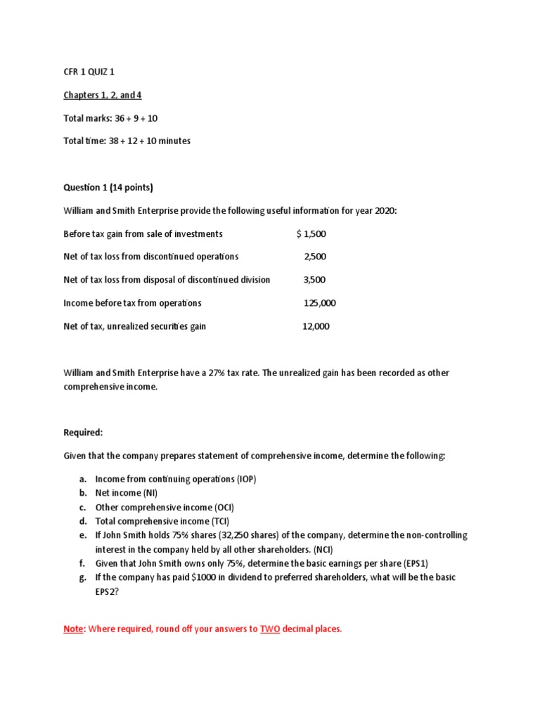 CFR 1 Quiz 1 | PDF | Retained Earnings | Equity (Finance)