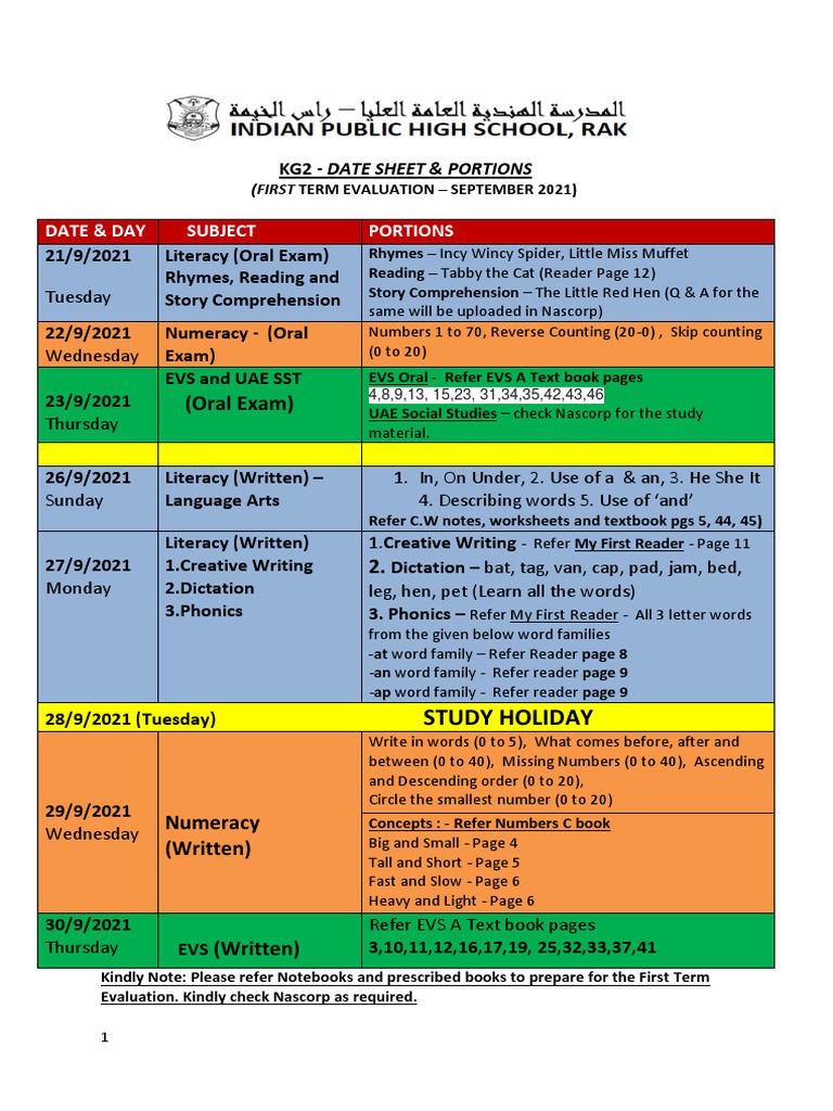 KG2 First Term Exam Schedule 2021 | PDF | Phonics | Writing
