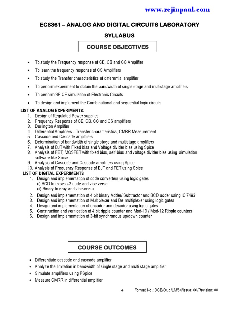 Ec8361 Ece Adcl Even Iiise Labmanual | PDF | Field Effect Transistor | Amplifier