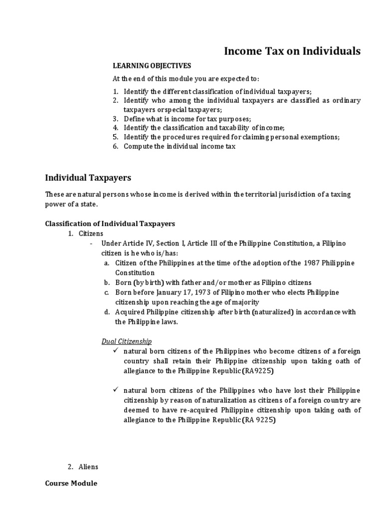 W3-Module Income Tax On Individuals | PDF | Gross Income | Tax Deduction