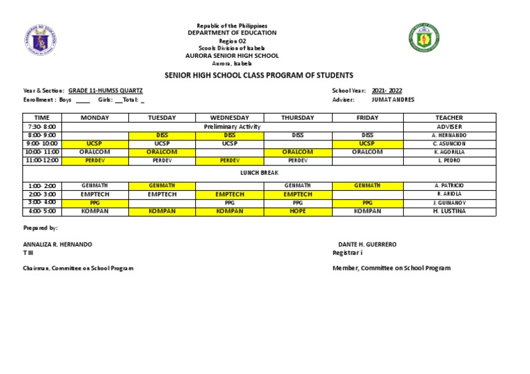 Senior High School Class Program of Students | PDF
