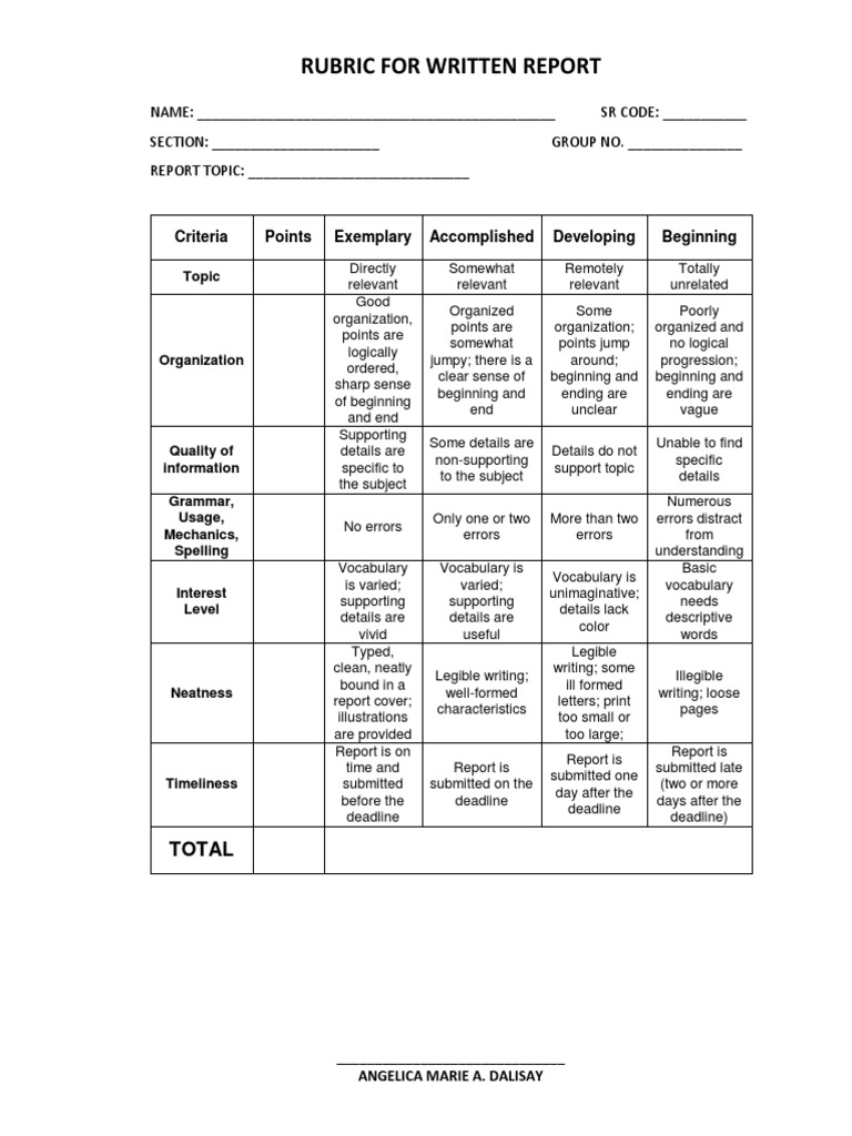 Rubric - Written Report | Download Free PDF | Writing | Cognition