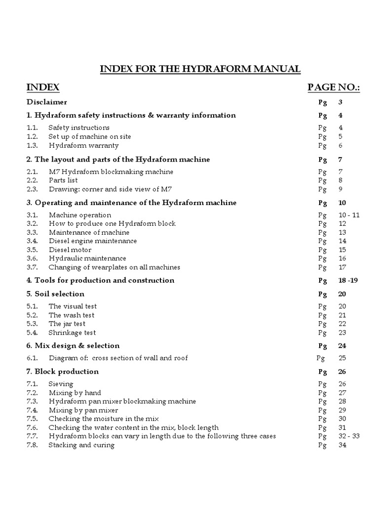 Index For The Hydraform Manual Index Page No.:: Pg3 PG 4 | PDF ...