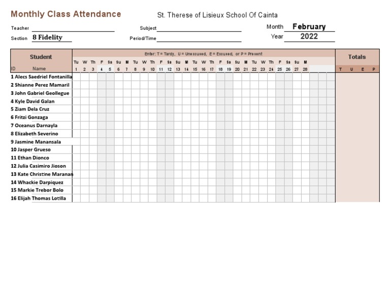 February Attendance Report for Grade 8 | PDF