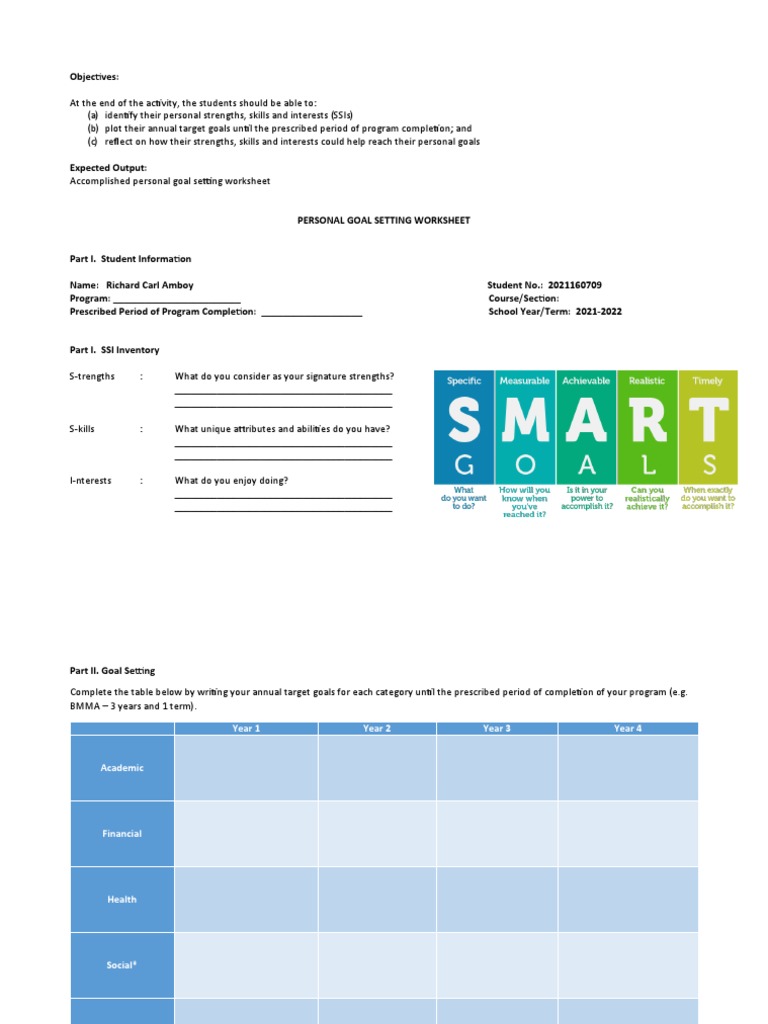 Personal Goal Setting Worksheet | PDF | Goal Setting | Goal