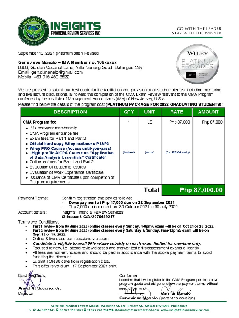 CMA Quote 2022 Platinum Genevieve Manalo UST BSMA 2022 Option 1 | PDF ...