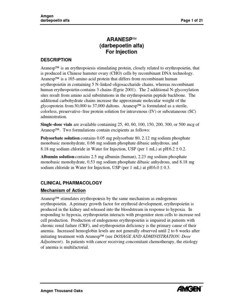 Aranesp (Darbepoetin Alfa) For Injection | PDF | Chemistry | Dose ...