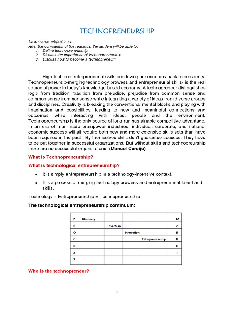Technopreneurship Defined... HandOut1B | PDF | Entrepreneurship | Business