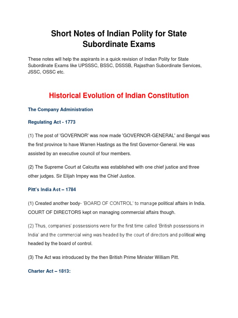 Short Notes of Indian Polity For State Subordinate Exams | PDF ...