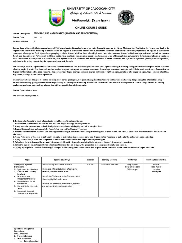 Course Guide Algebra and Trigonometry | PDF | Trigonometric Functions ...