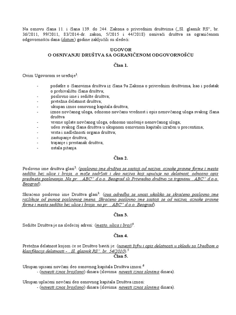 Ugovor o Osnivanju Doo Sa Dvodomnim Sistemom Upravljanja | PDF