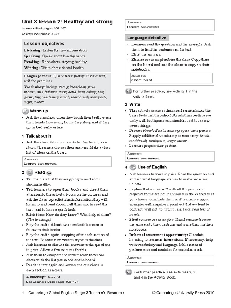 Unit 8 Lesson 2: Healthy and Strong | PDF | Vocabulary | Toothbrush