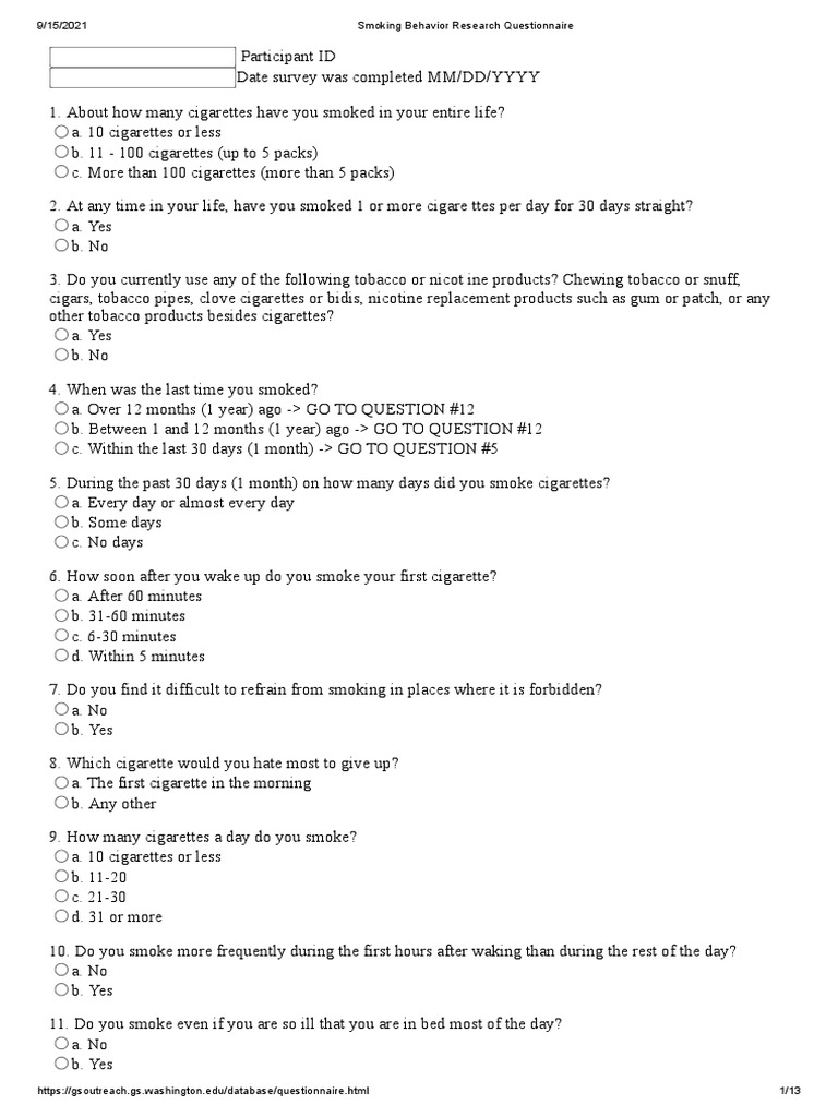 Smoking Behavior Research Questionnaire | PDF | Tobacco Smoking | Addiction