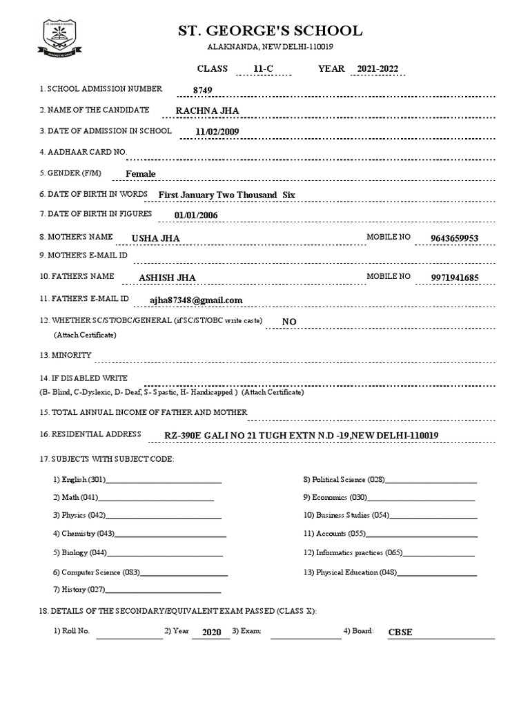 Registeration Form Class 11 | PDF