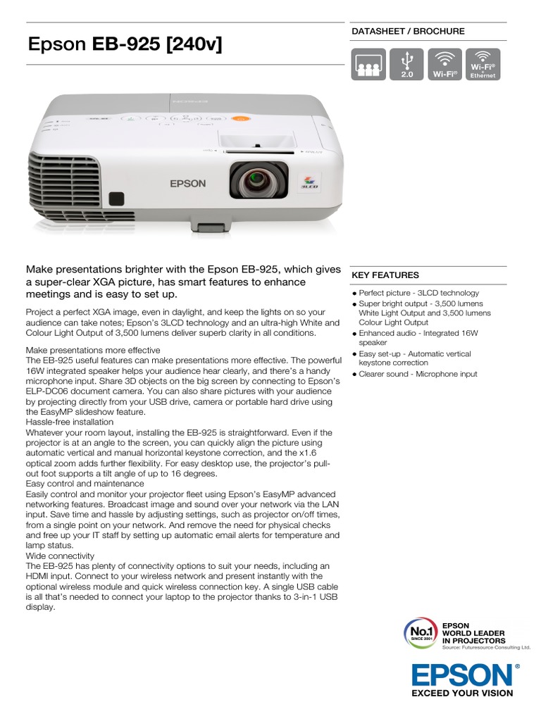 Epson EB-925 Projector Datasheet | PDF | Electronics | Computer Hardware