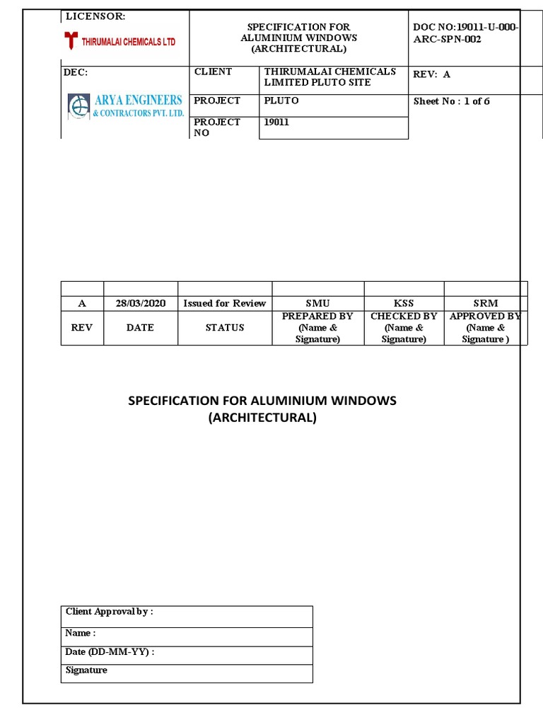Specification for Architectural Aluminum Windows for Thirumalai ...