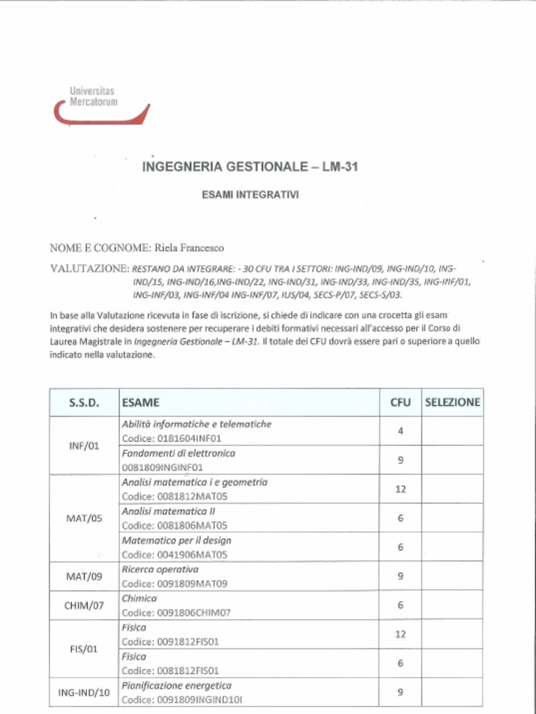 Modulo Esami Integrativi LM-31 | PDF