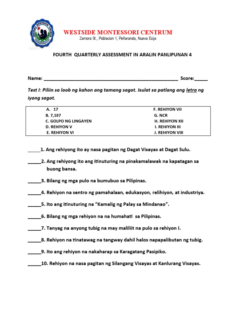 4th Quarterly Assessment AP 4 | PDF