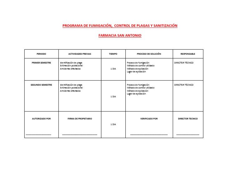 Programa de Fumigacion y Control de Plagas | PDF