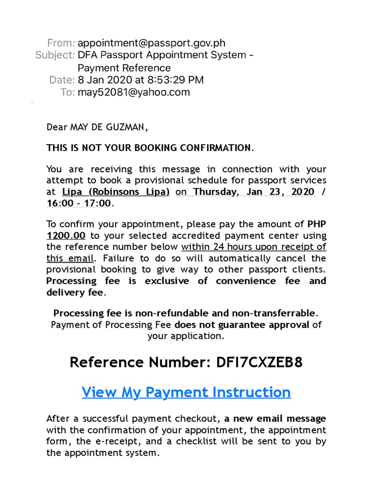 DFA Passport Appointment System - Payment Reference | PDF