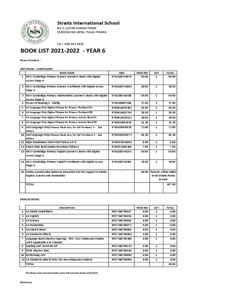 BOOK LIST 2021-2022 - YEAR 6: Straits International School | PDF ...