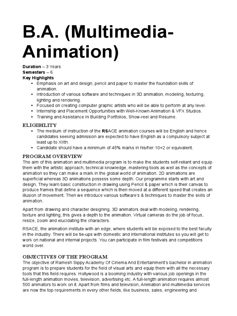 B.A. (Multimedia Animation) | PDF | 3 D Computer Graphics | Animation