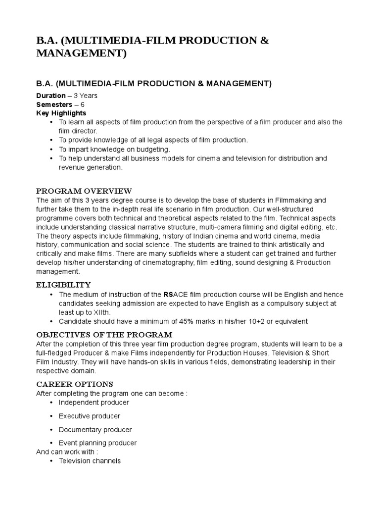 Multimedia-Film Production & Management) | PDF | Bachelor's Degree ...