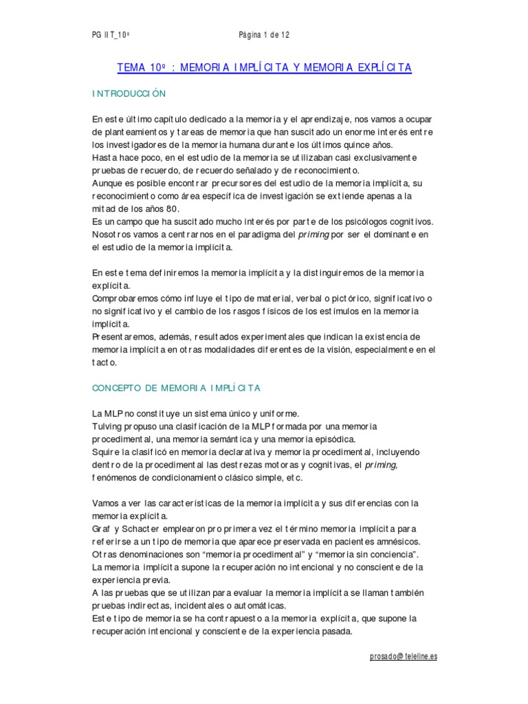 Tema 10º: Memoria Implícita Y Memoria Explícita: Introducción | PDF ...