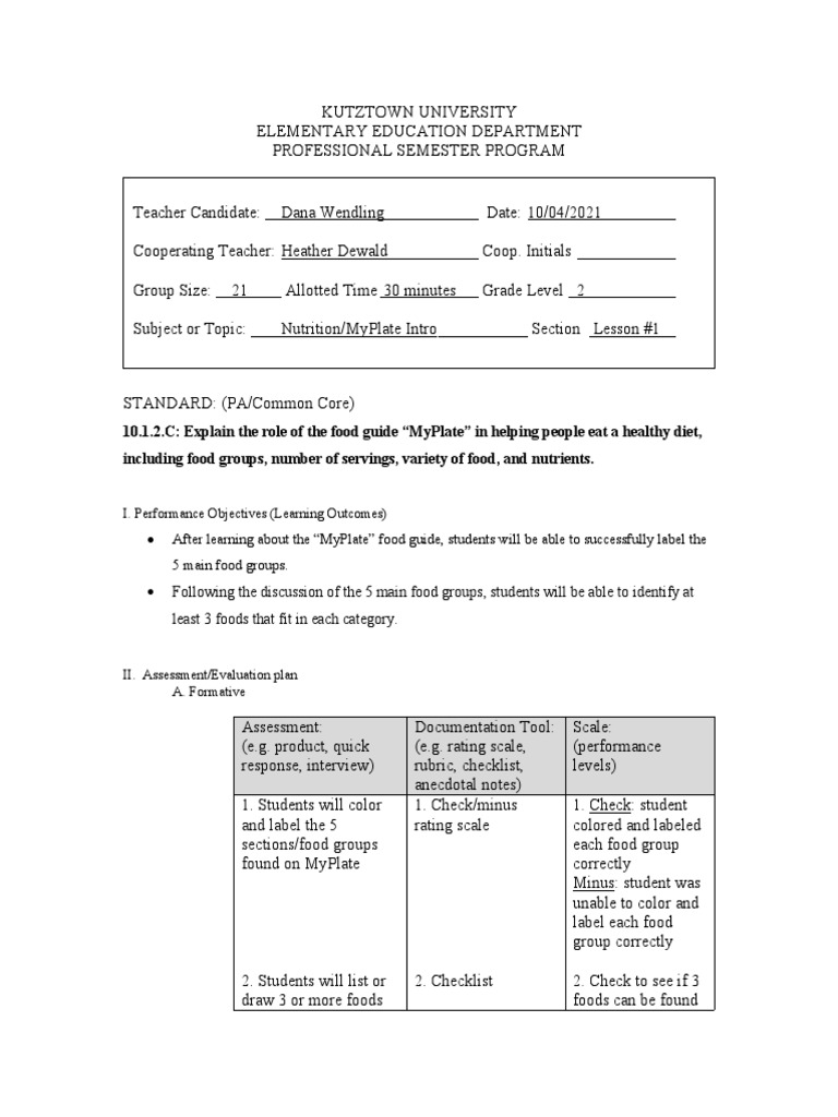 MyPlate Nutrition Lesson Plan | PDF | Foods | Educational Assessment