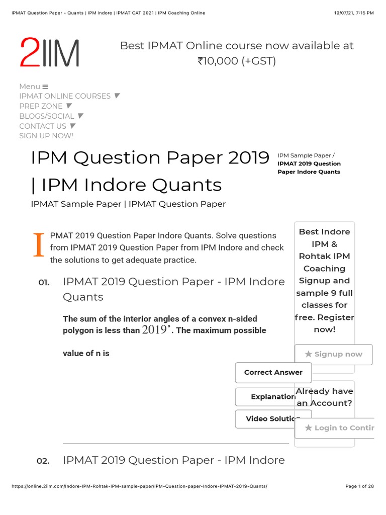 IPMAT Question Paper - Quants - IPM Indore - IPMAT CAT 2021 - IPM ...