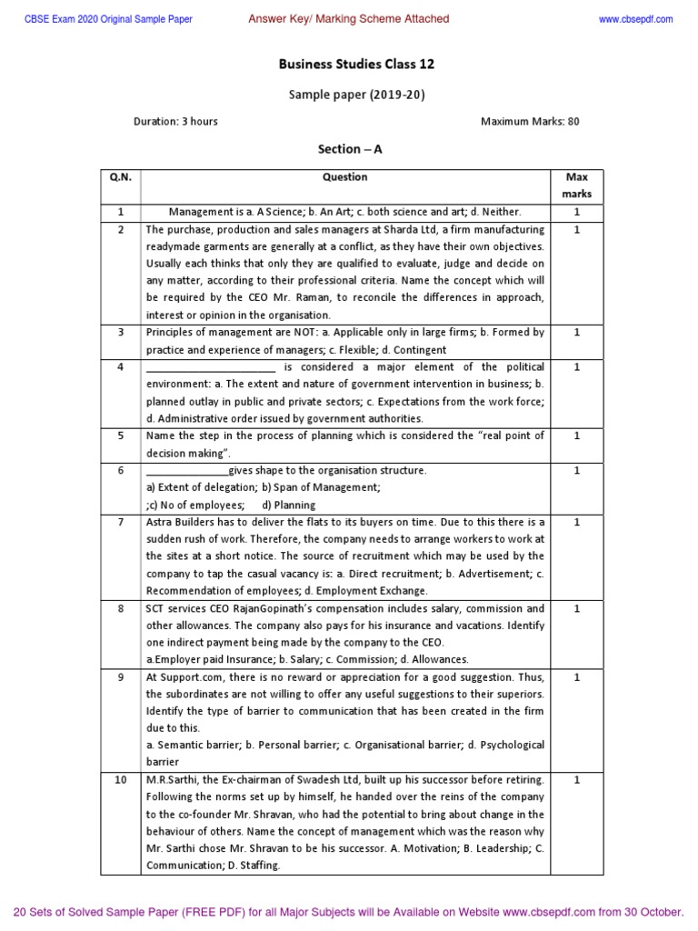 Business Studies Class 12: Sample Paper (2019-20) | PDF | Stocks ...