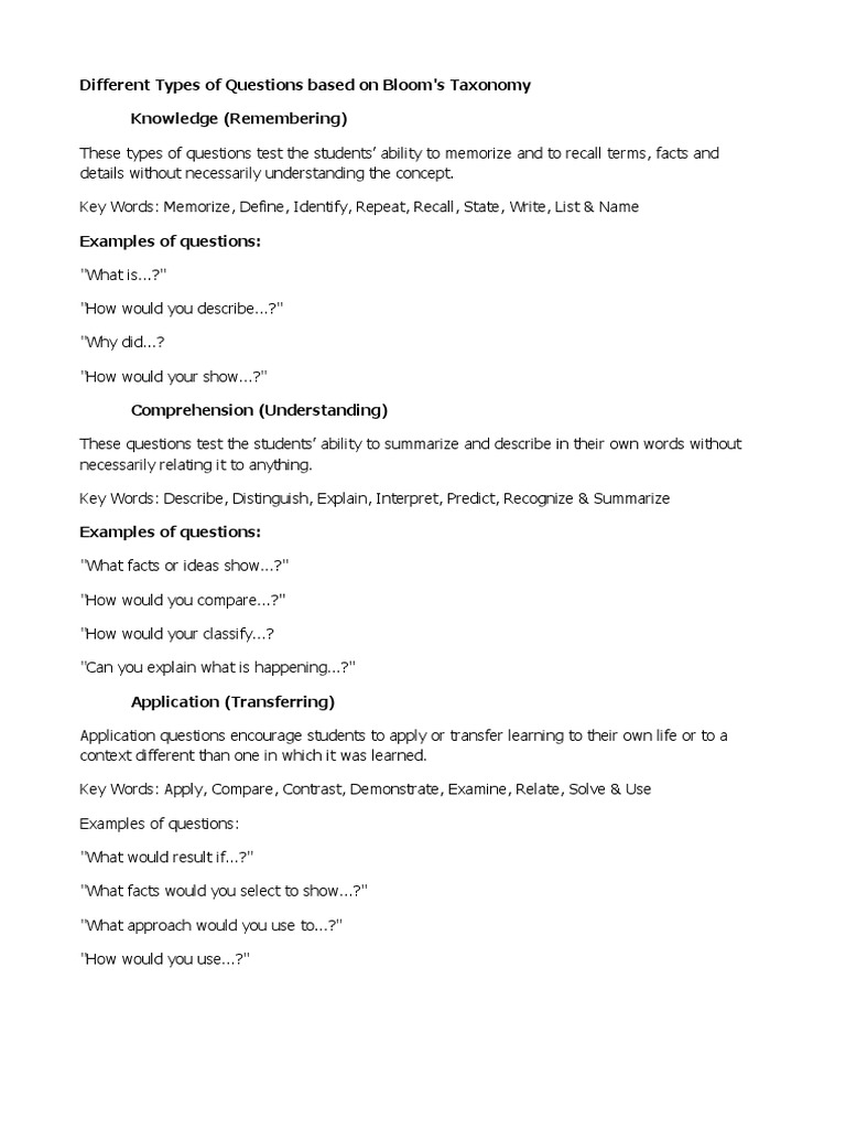 Different Types of Questions Based On Bloom | PDF | Reading ...